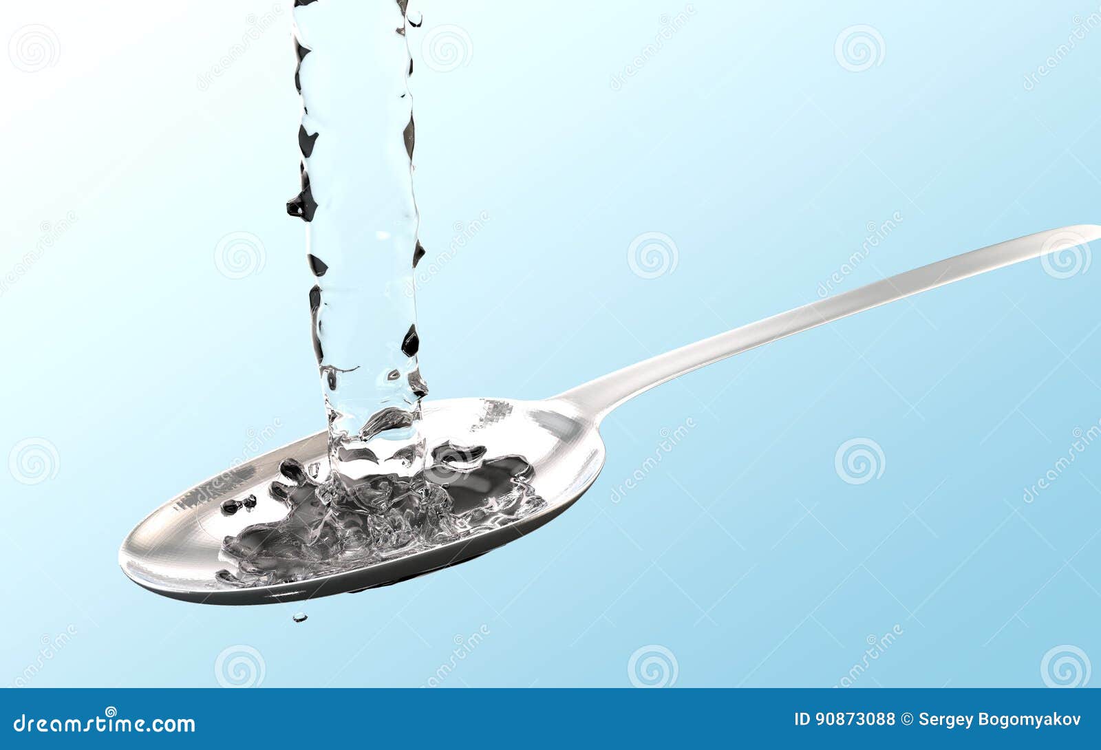 Water Flowing on Spoon Falling on Still Surface. 3D Rendering Stock ...