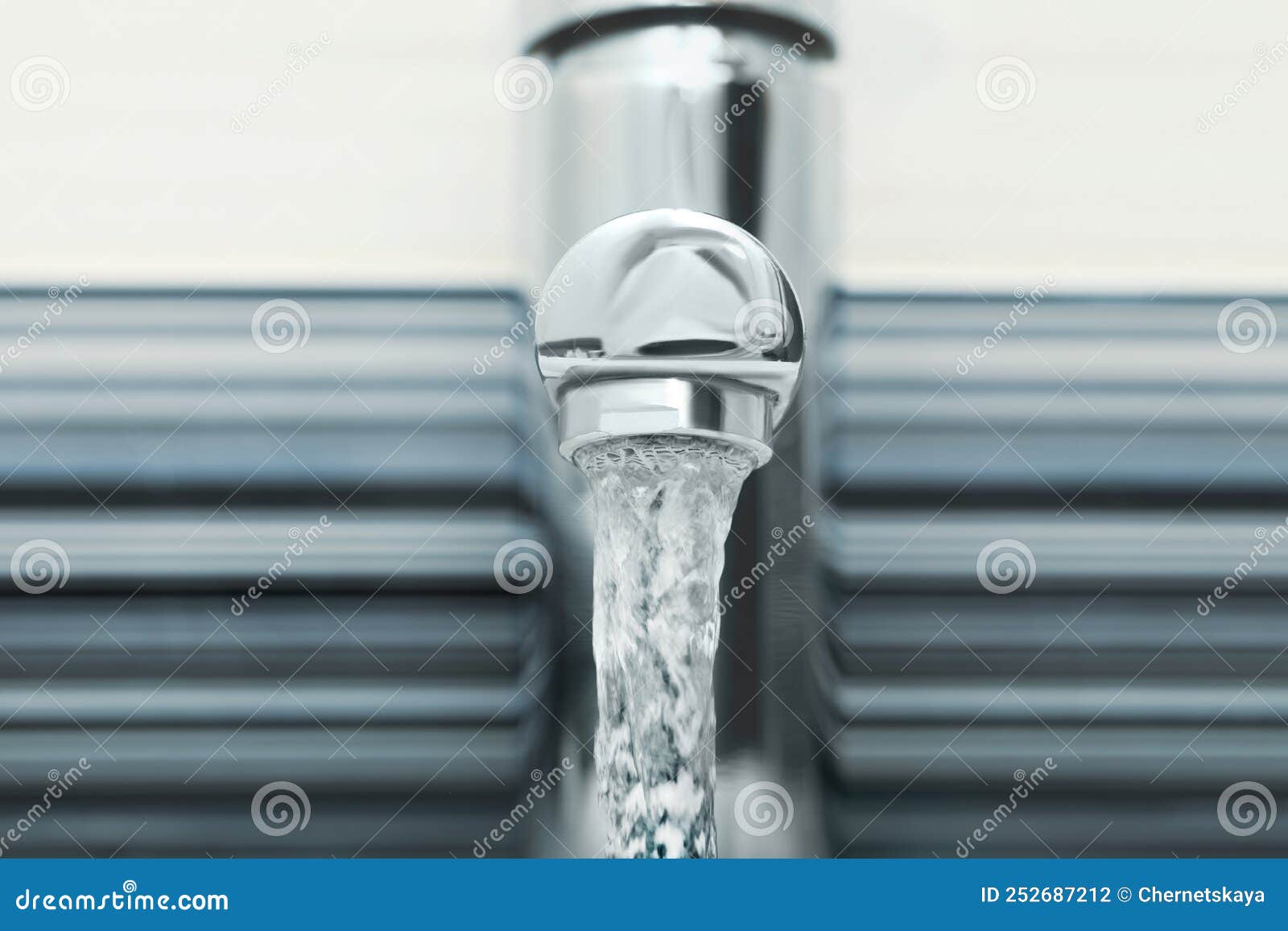 Water Flowing from Tap on Blurred Background, Closeup Stock Photo ...