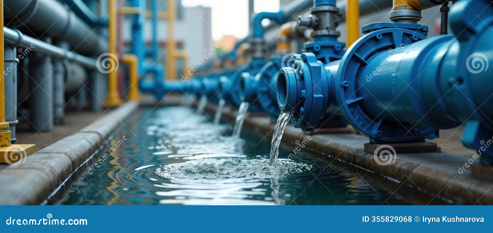 Water Flows from Blue Pipes into Channel. Modern Wastewater Management ...