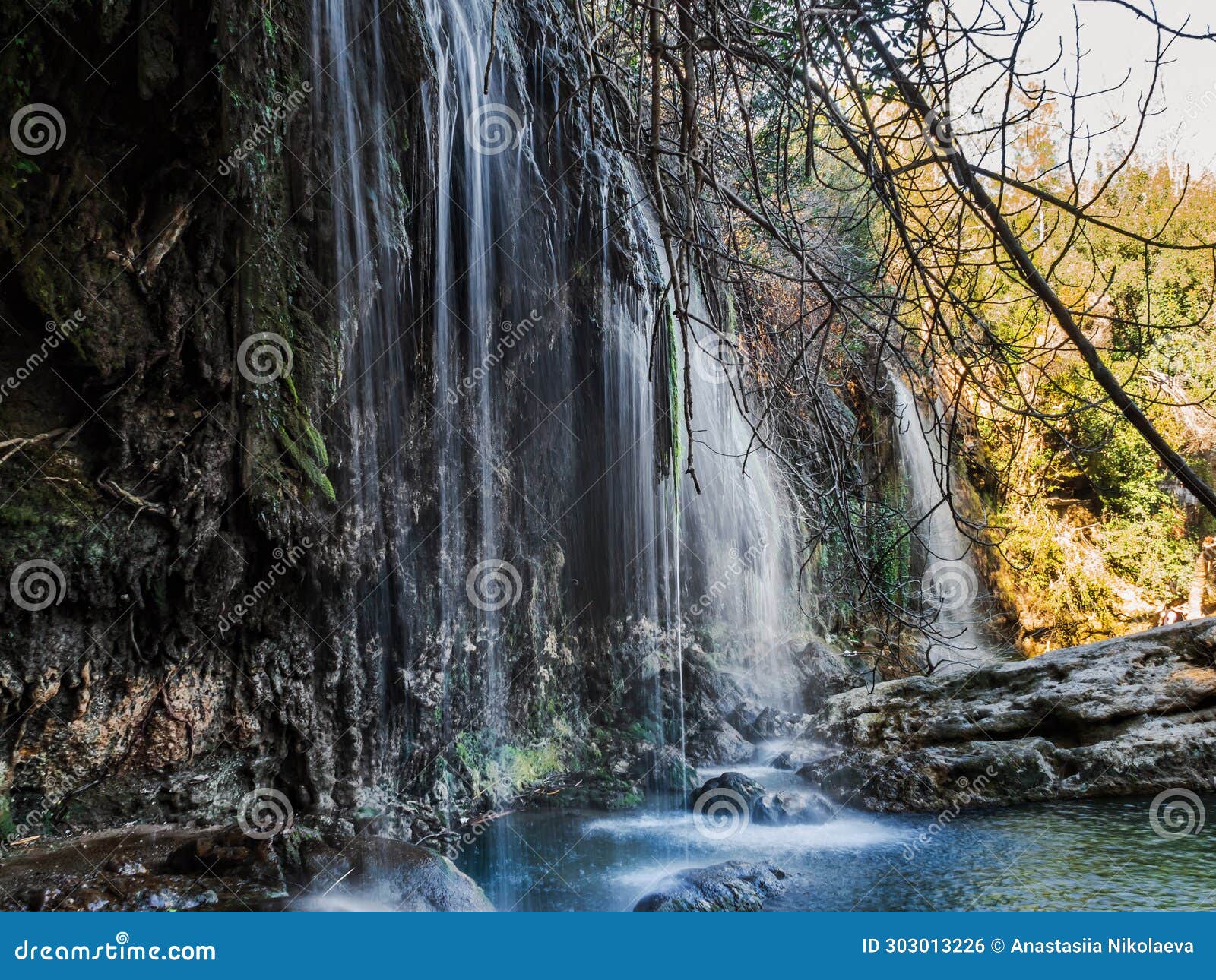 Water Flows Downstream from the Waterfall from the Mountains. Stock ...