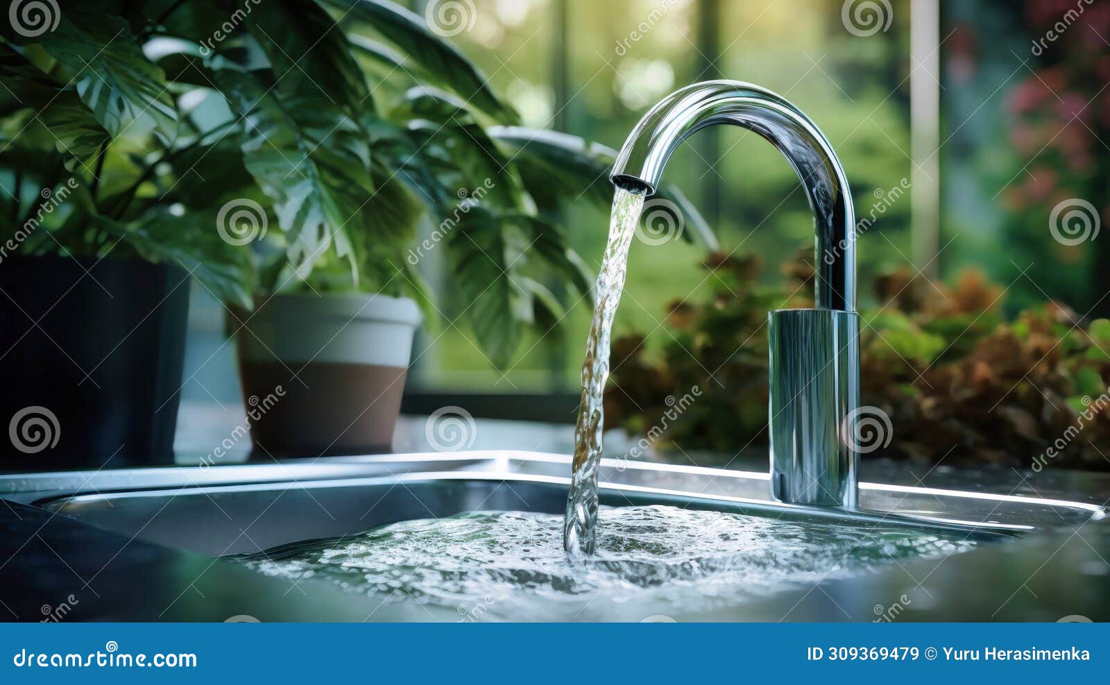Water Flows from a Faucet in a Kitchen Sink into the Basin ...