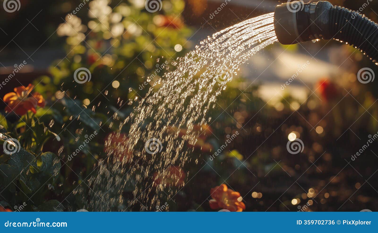 Water Flows from a Garden Hose, Creating a Gentle Arc of Droplets Stock ...