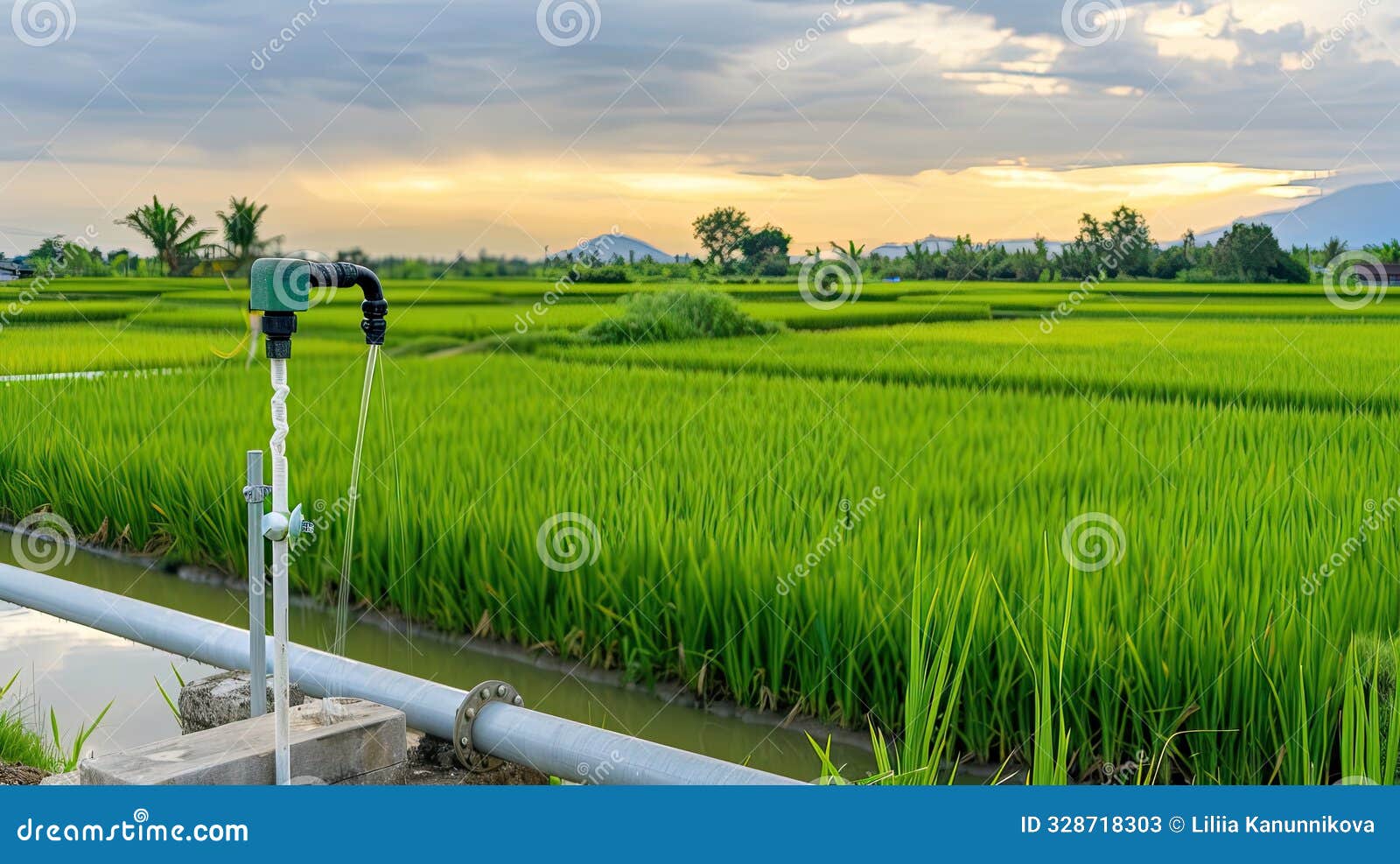Water Flows from an Irrigation Tap into Vibrant Rice Fields, with the ...
