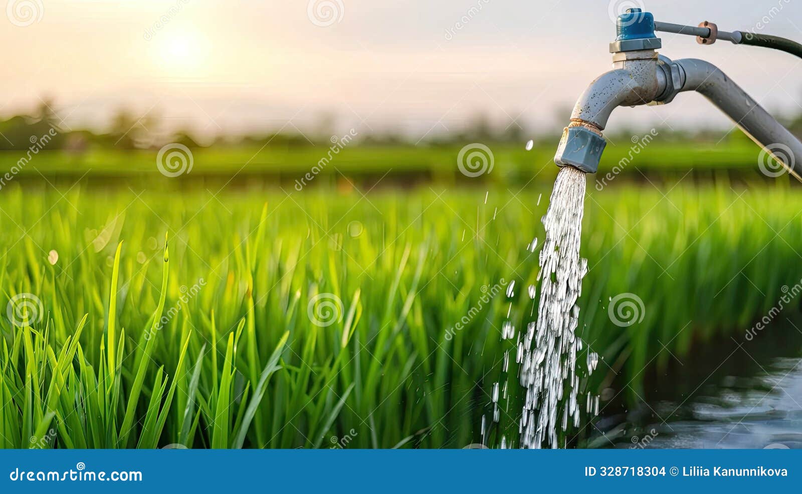 Water Flows from an Irrigation Tap into Vibrant Rice Fields, with the ...