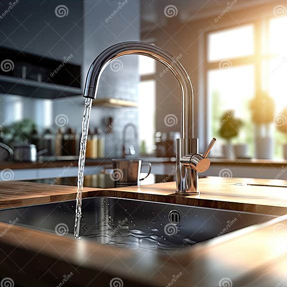 Water Flows from the Kitchen Faucet. Generative AI. Stock Illustration ...