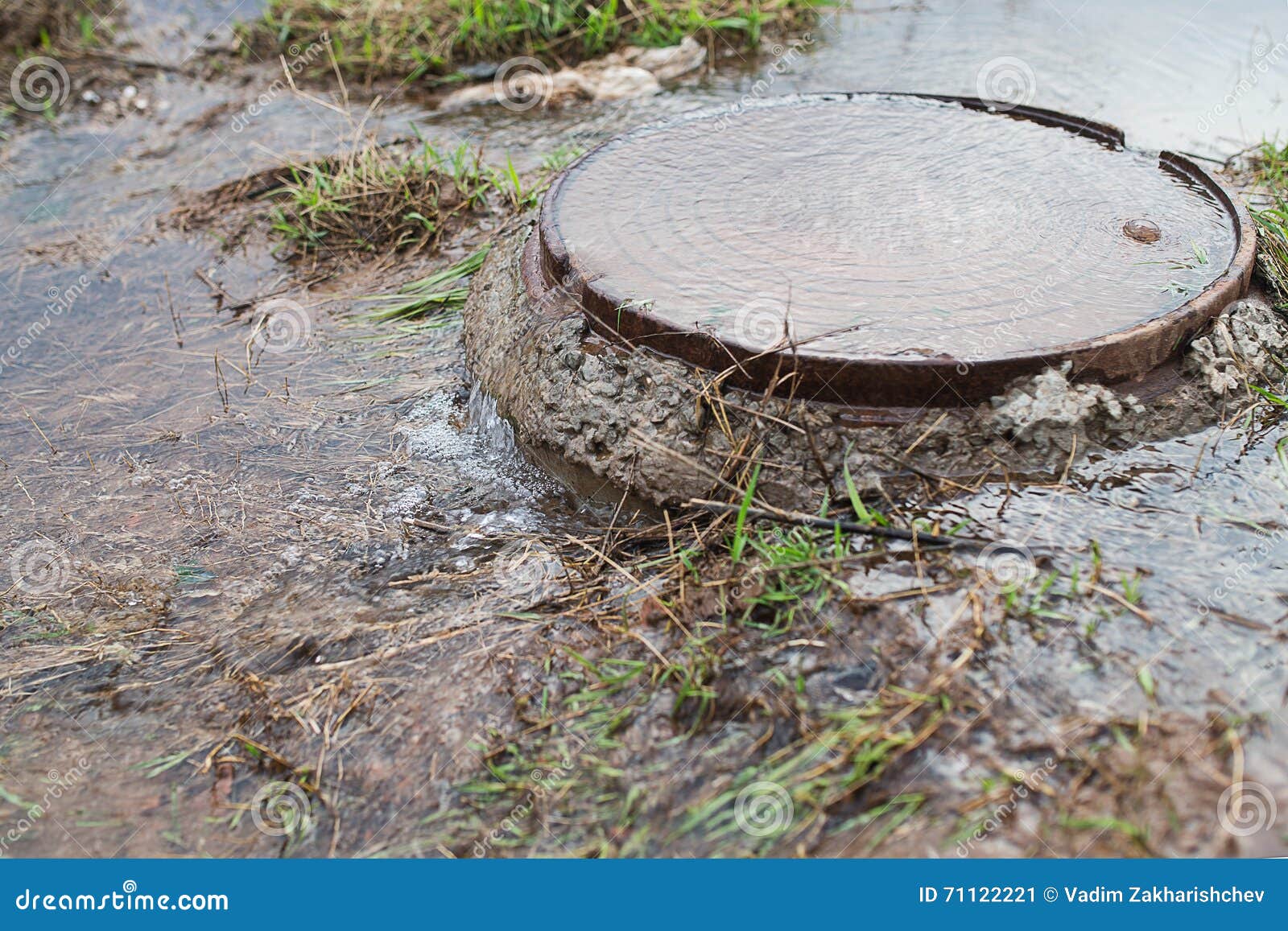 Water Flows Out of the Manhole Stock Image - Image of iron, flood: 71122221