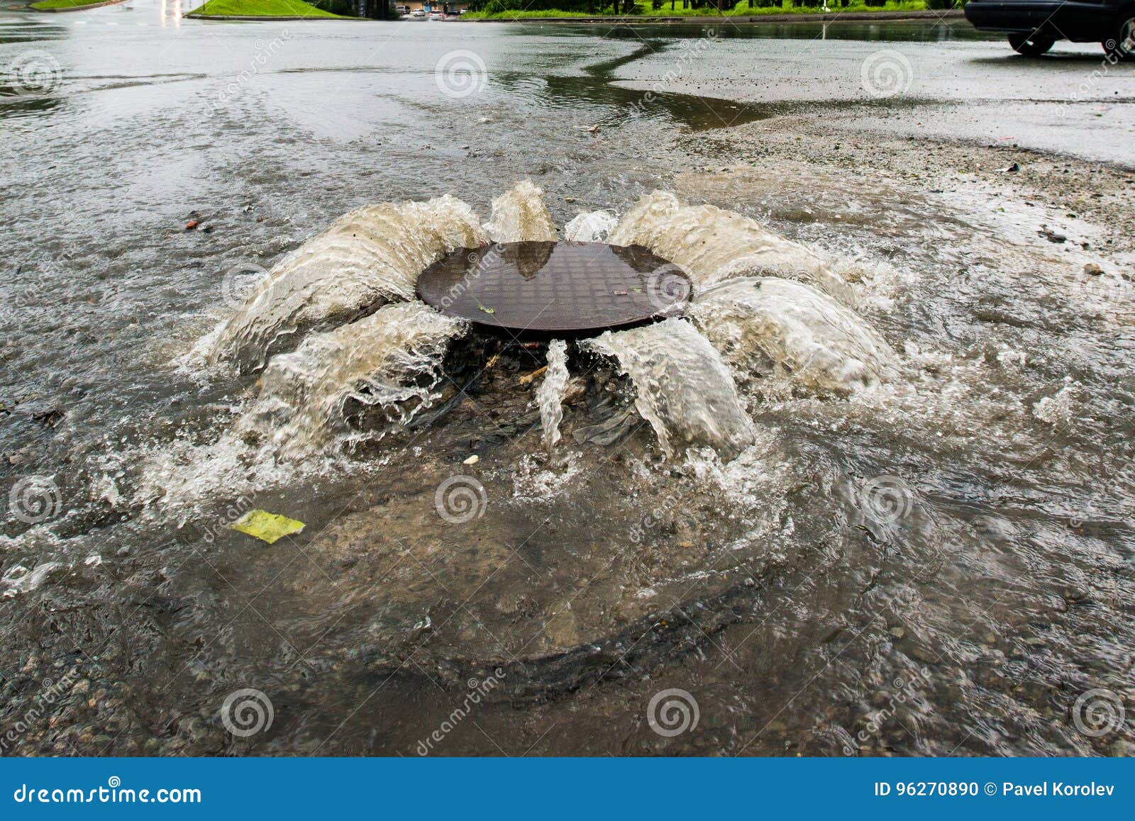 Water Flows Over the Road from the Sewer. Stock Photo - Image of pipe ...