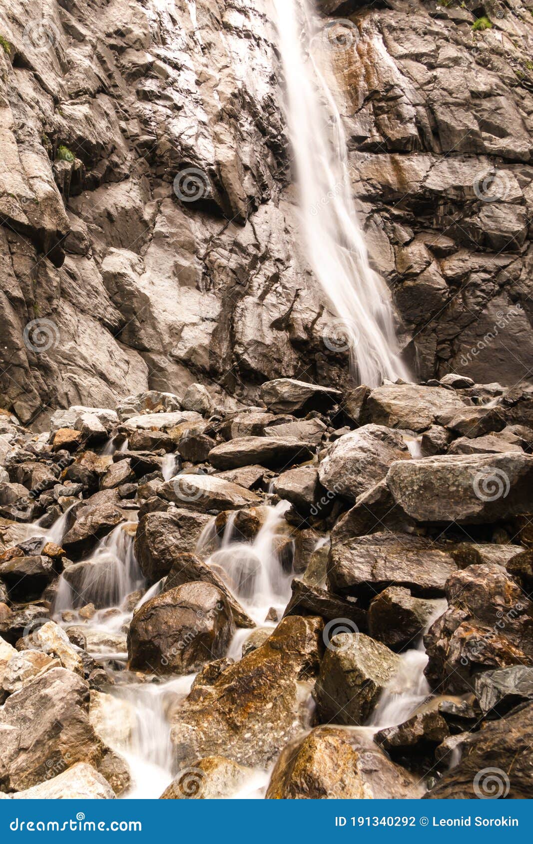 Water Flows Over Rocks at the Bottom of a Mountain Waterfall Stock ...