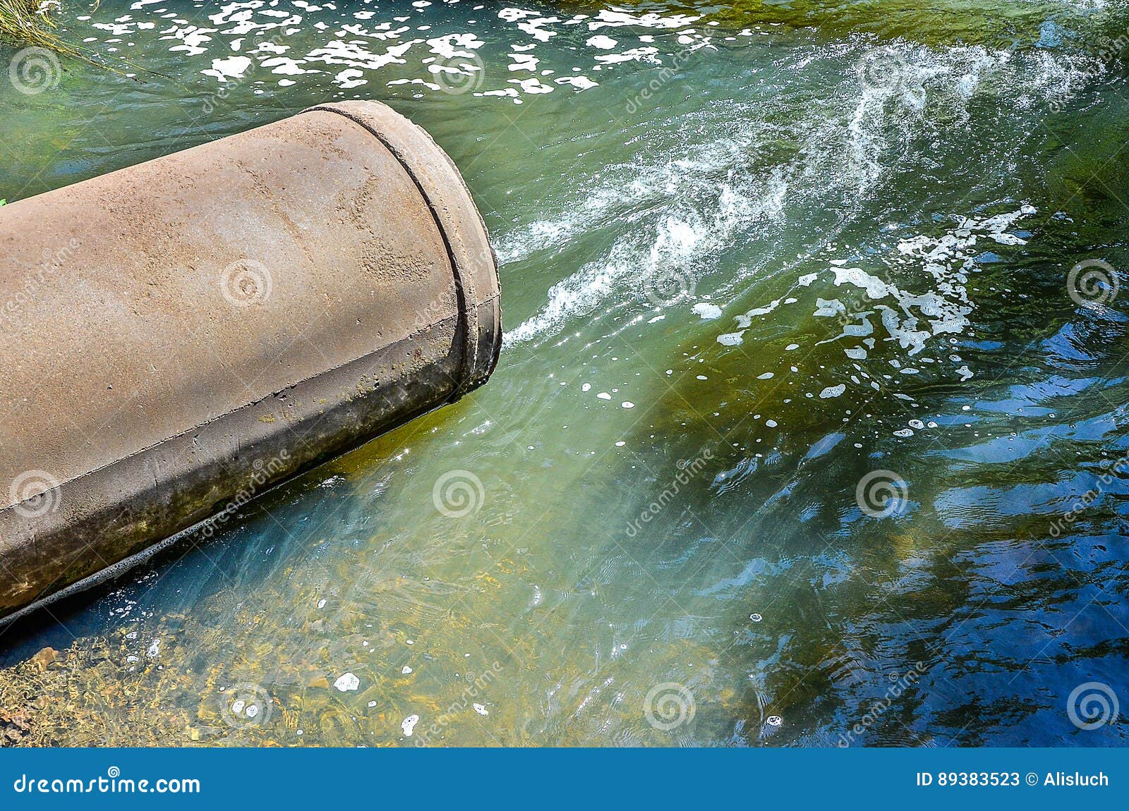 Water Flows from the Pipe into the River. Stock Image - Image of ...