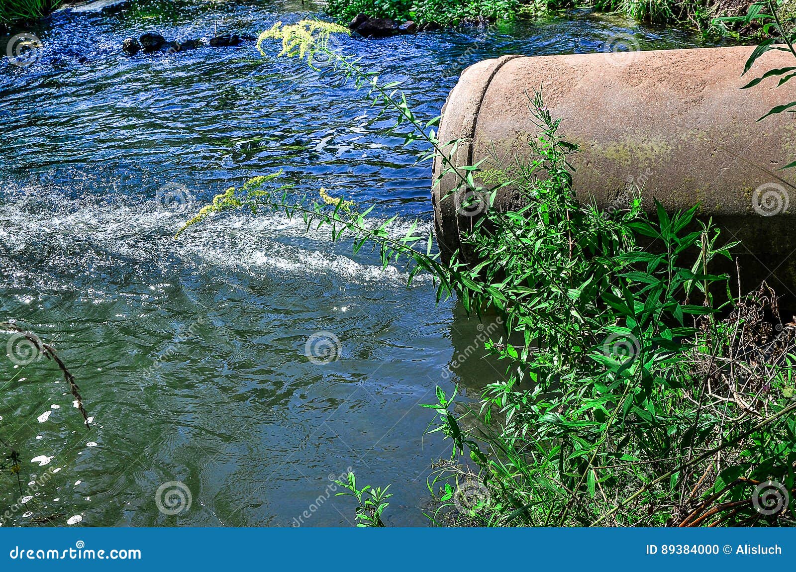 Water Flows from the Pipe into the River. Stock Photo - Image of grunge ...