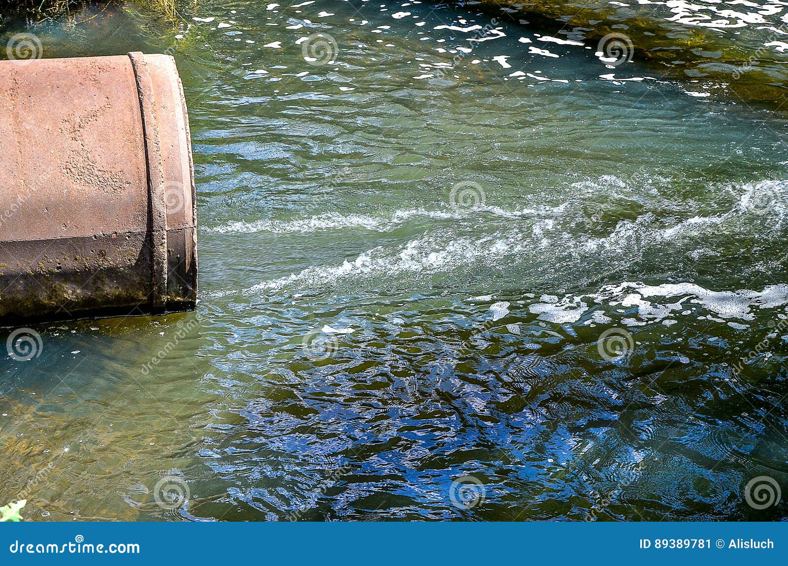 Water Flows from the Pipe into the River. Stock Image - Image of clean ...