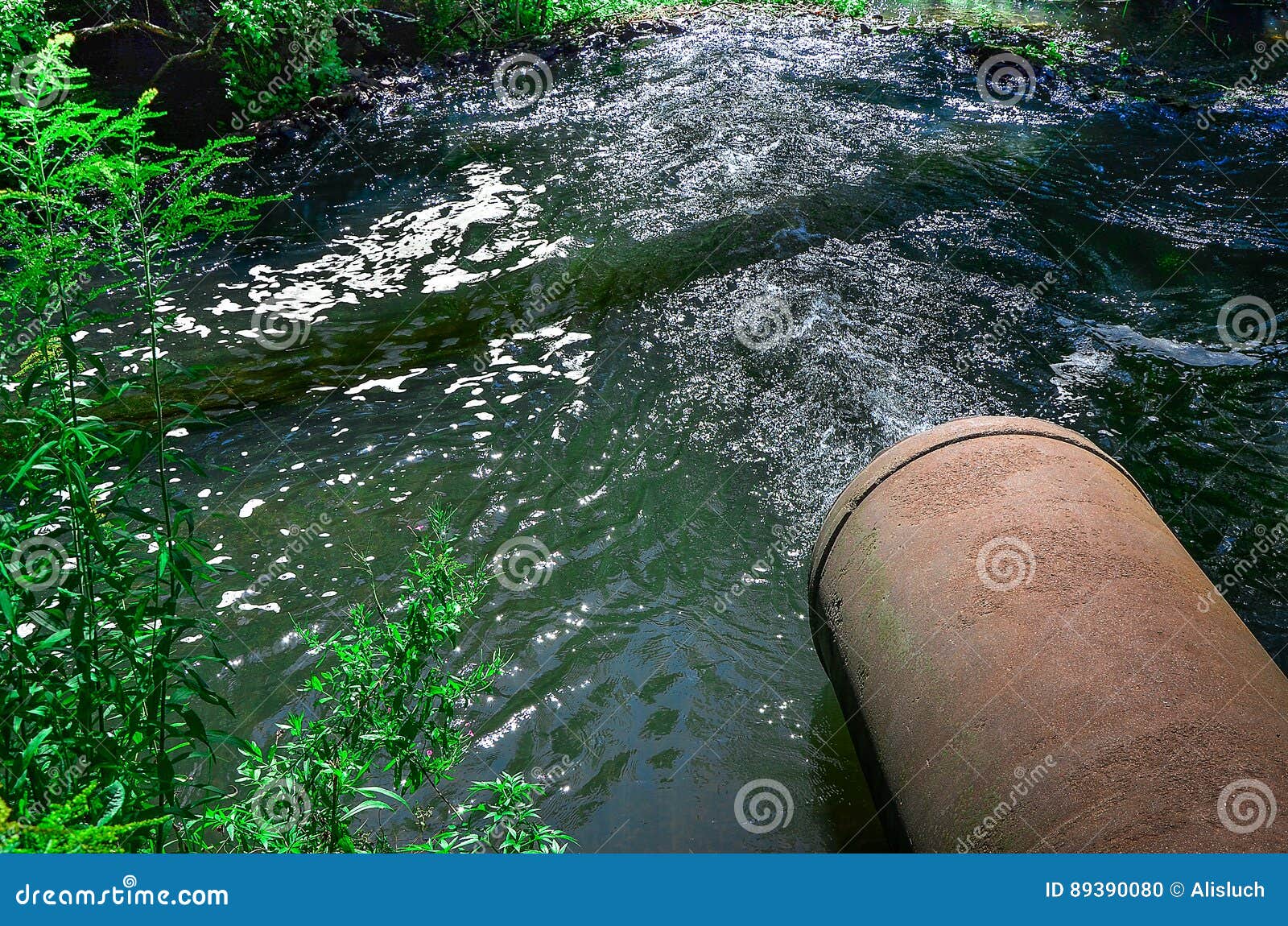 Water Flows from the Pipe into the River. Stock Photo - Image of ...