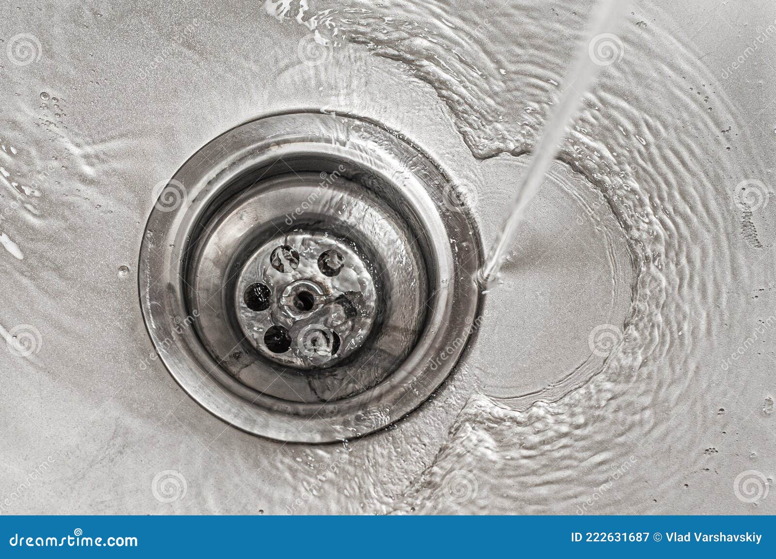Water Flows into the Stainless Steel Kitchen Sink Drain Stock Image ...