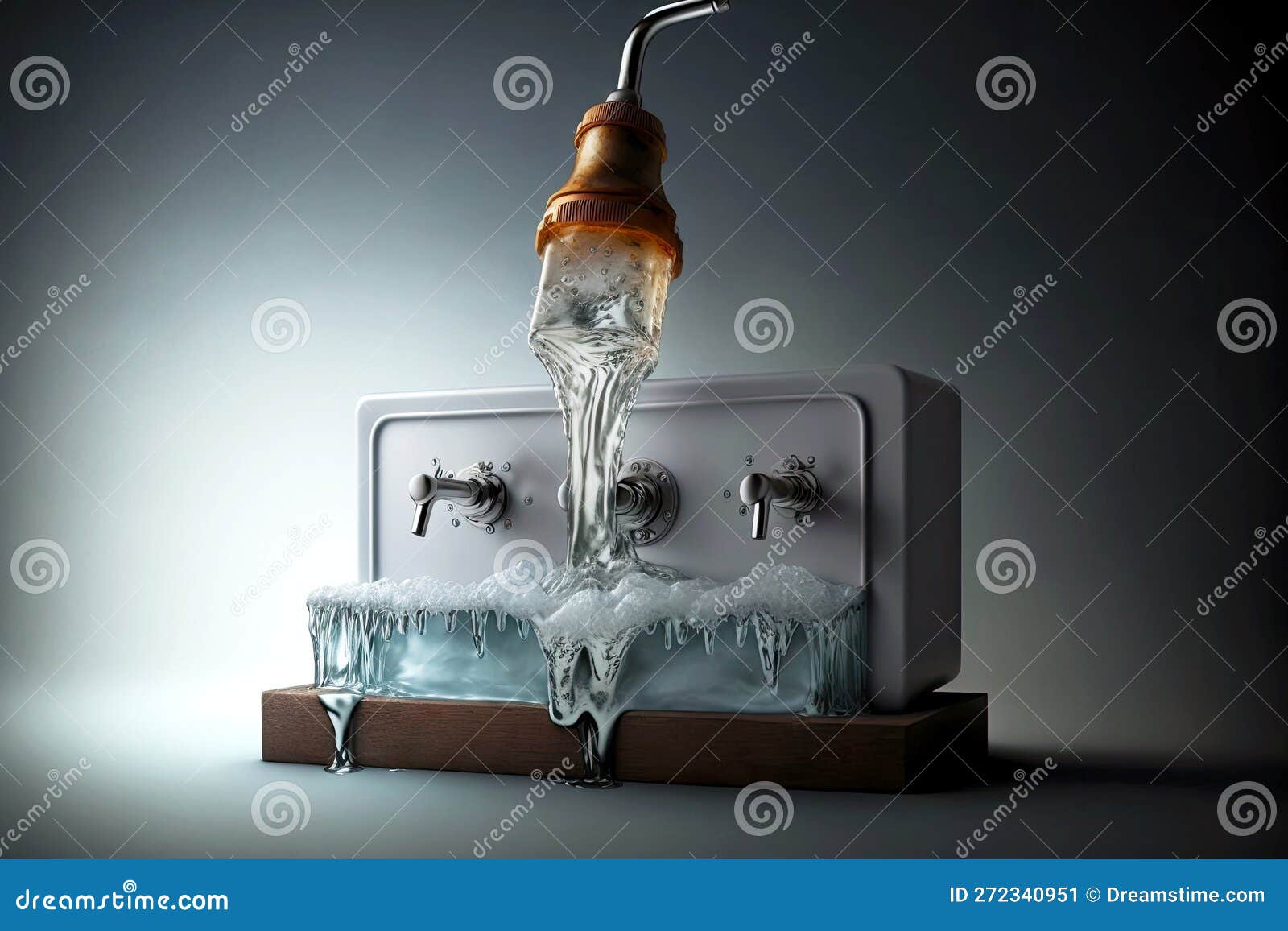Water Flows from Tap with Broken Switch into Ice Sink Stock ...