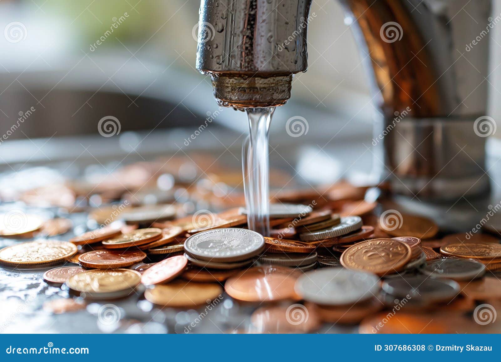 Water Flows from the Tap, Coins Lie Below. Stock Photo - Image of ...