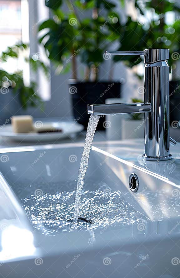 Water Flows From The Tap Into The Sink Stock Image Image Of Faucet