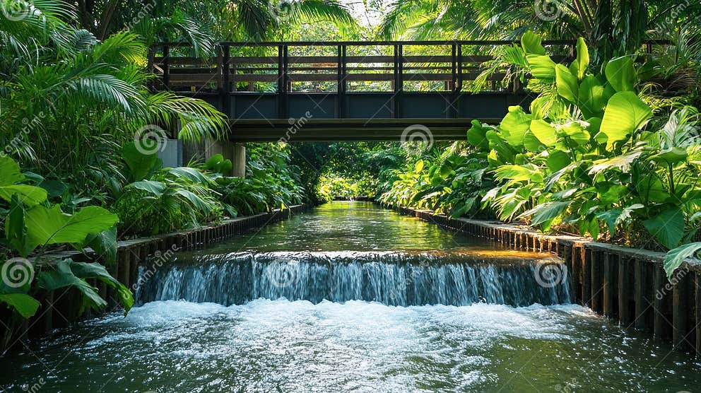 Water Rushing Under a Bridge in a Lush Tropical Forest Setting Stock ...