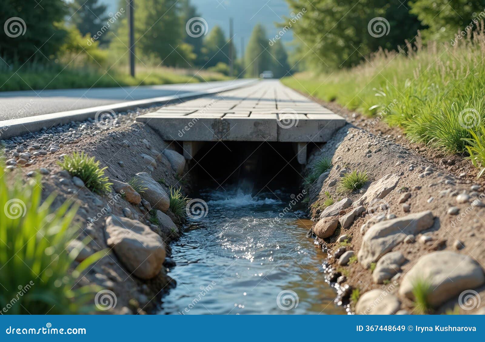 Drainage Of A Cobbled Road To The Side. Cobble Gutter Drained Into A ...