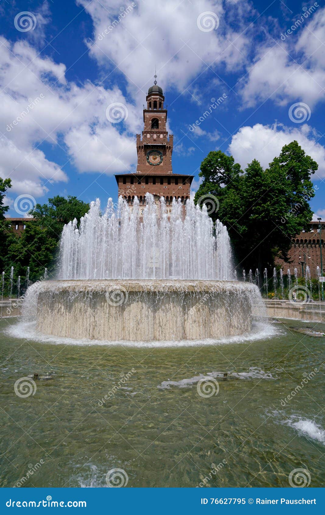 Water Fountain in Front of a Red Steeple Stock Image - Image of blue ...