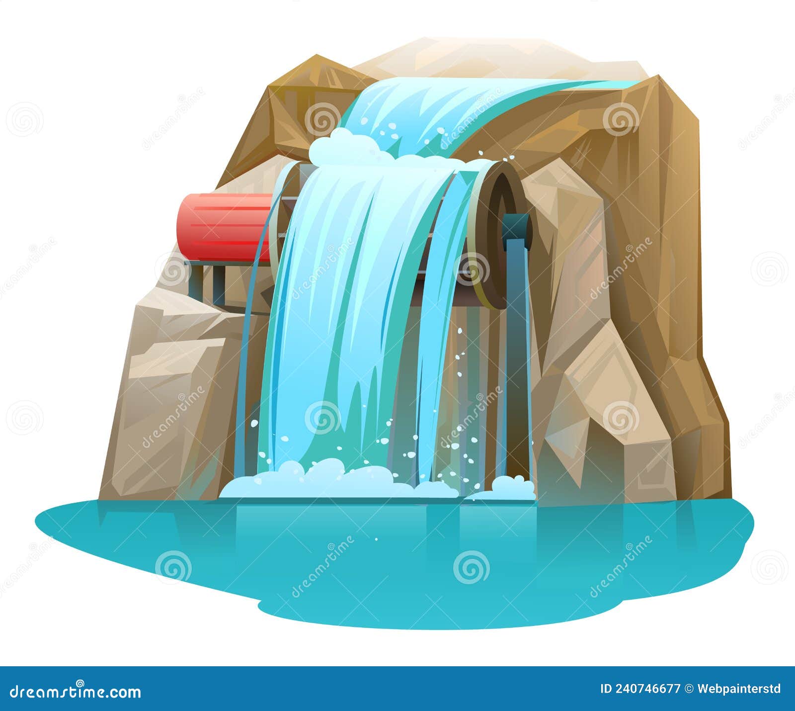 Water Generator. Cascade Spills Down Over Paddle Wheel. Electricity ...