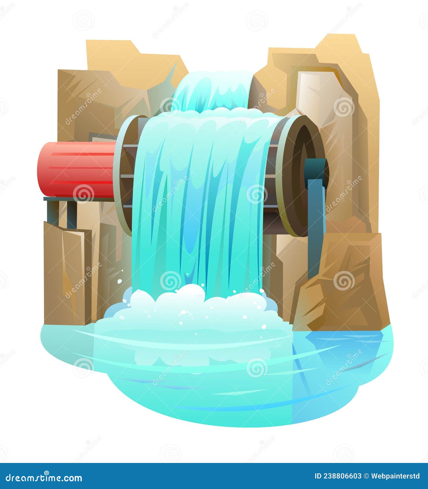 Water Generator. Cascade Spills Down Over Paddle Wheel. Electricity ...