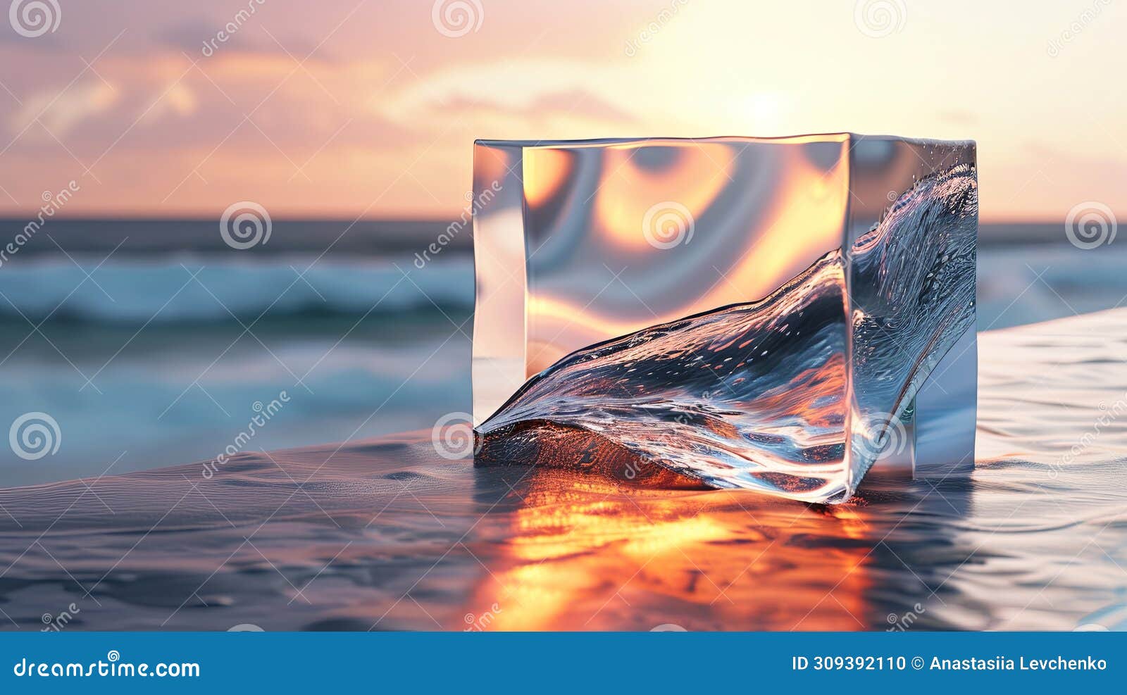 Water in a Glass Cube at Ocean Sunset , Concept of Glassmorphism Stock ...