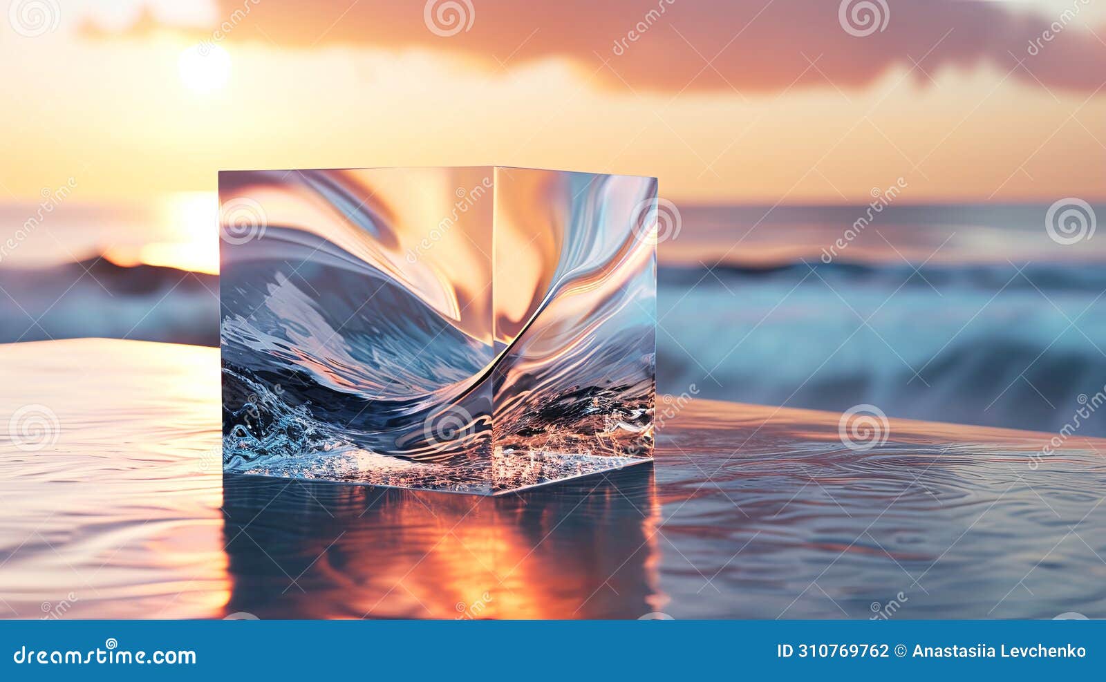 Water in a Glass Cube at Ocean Sunset , Concept of Glassmorphism Stock ...