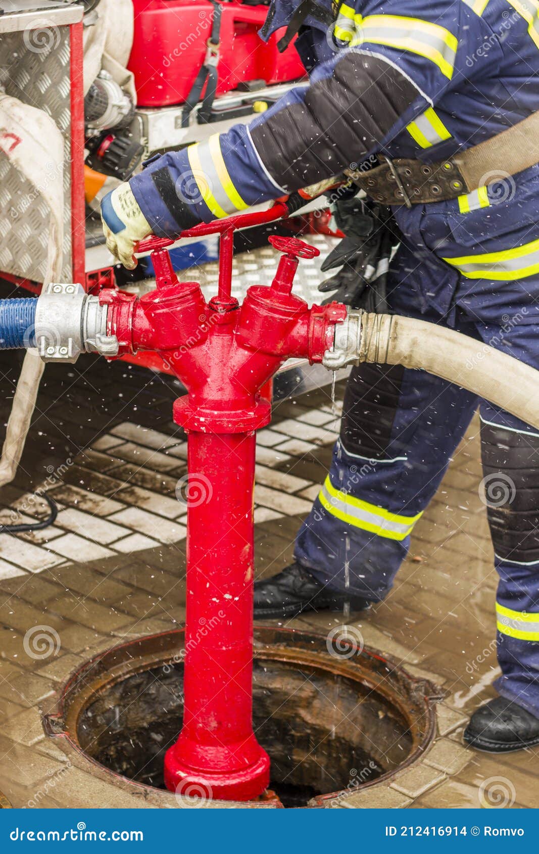 Water Hydrant and Firefighter Turns Taps Stock Photo - Image of ...