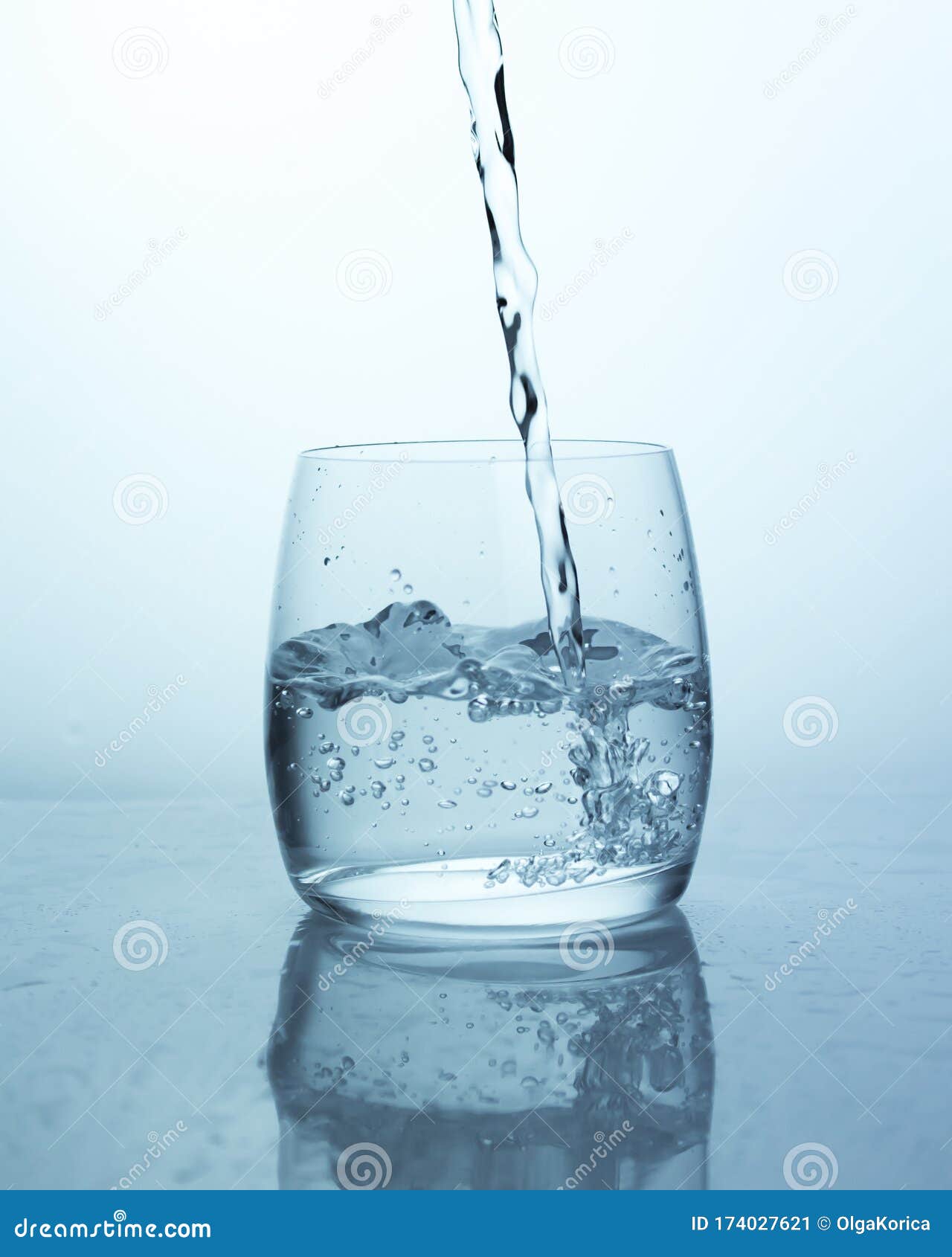 Water Jet Falling into Glass with Splashes and Drops, Air Bubbles from ...