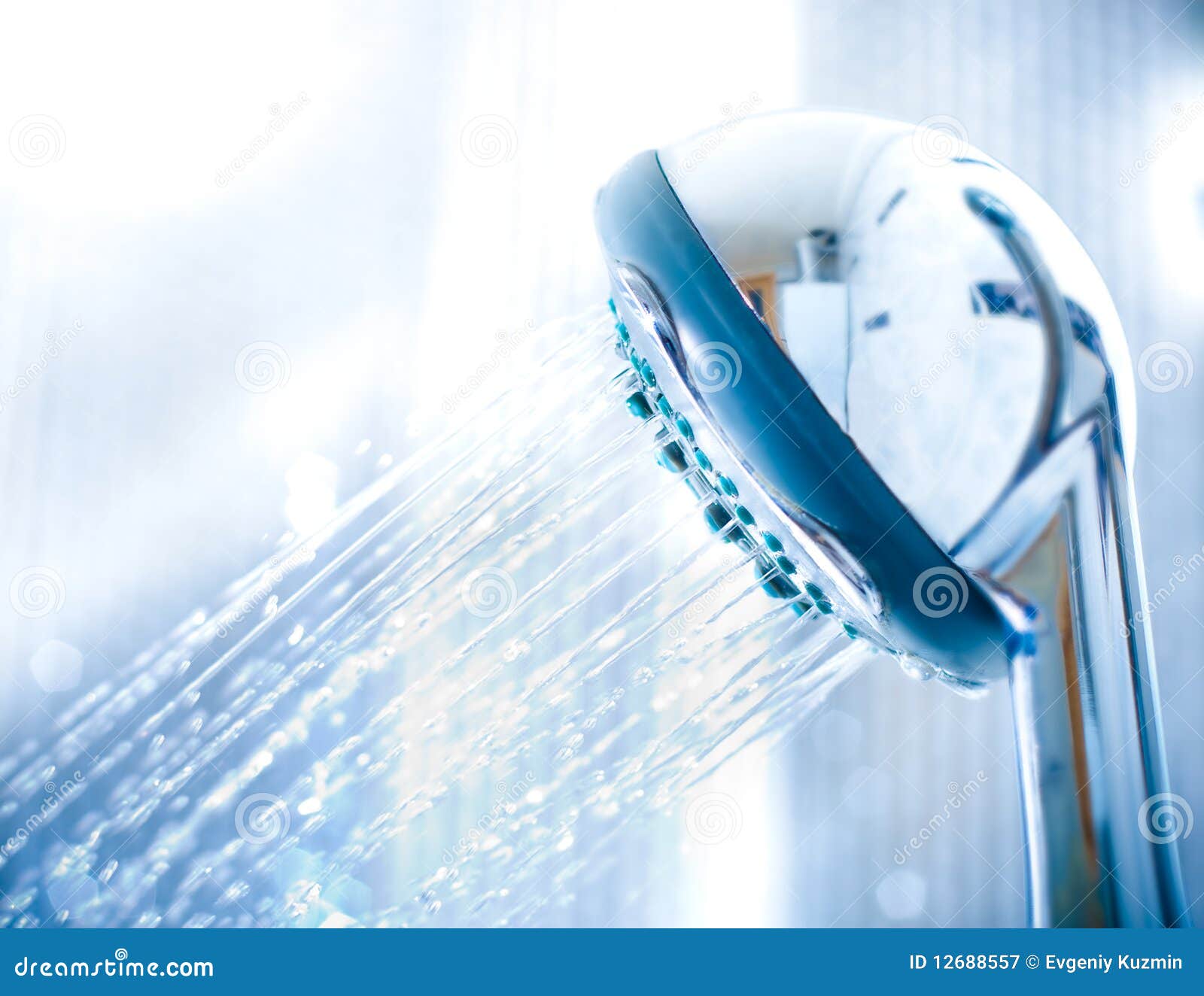 Fresh Shower With Water Drops Splashing. Water Running From Shower Head ...