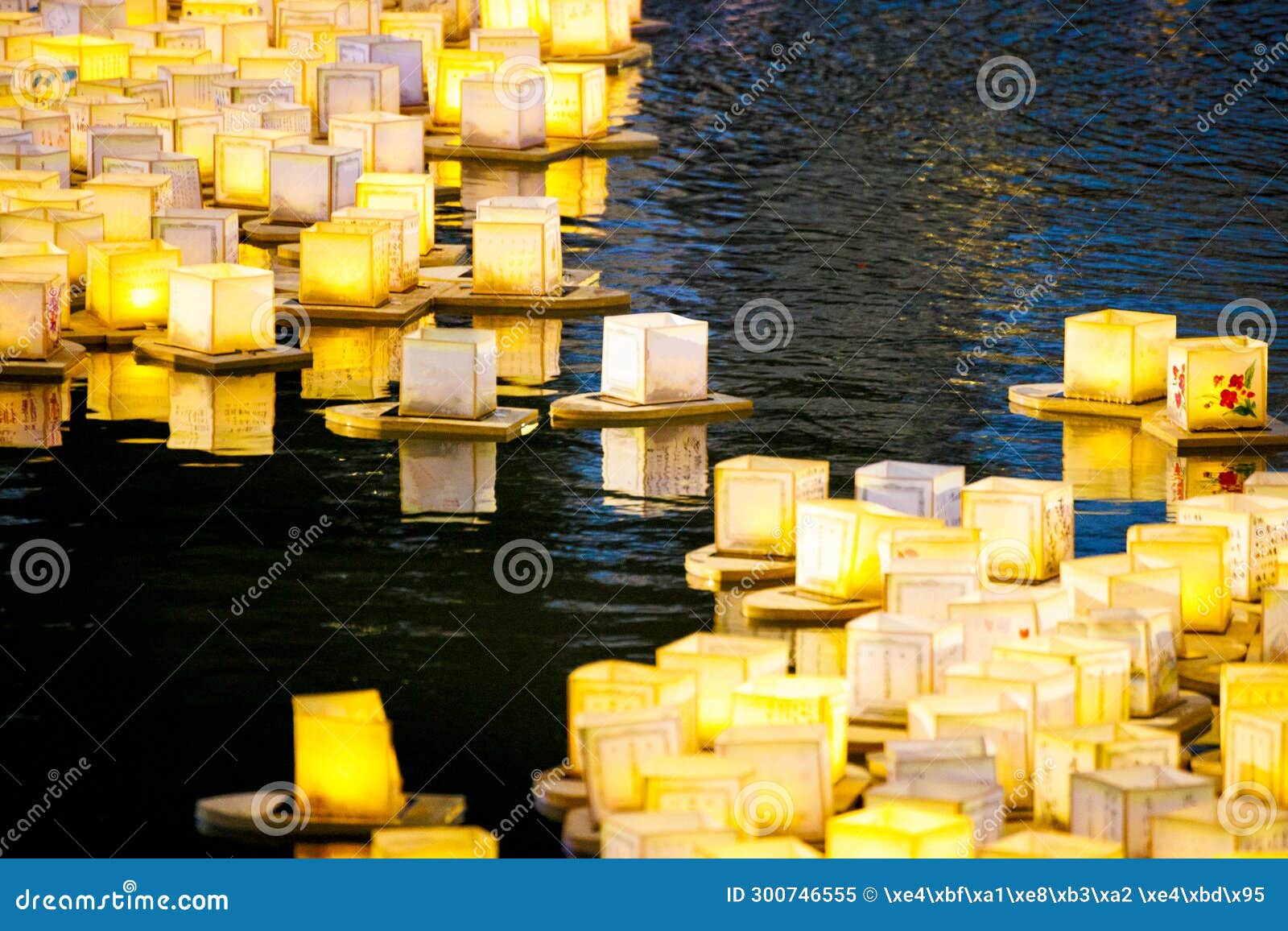 Water Lanterns on the Water Surface at Night Stock Image - Image of ...