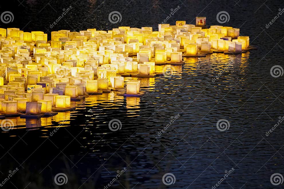 Water Lanterns on the Water Surface at Night Stock Image - Image of ...