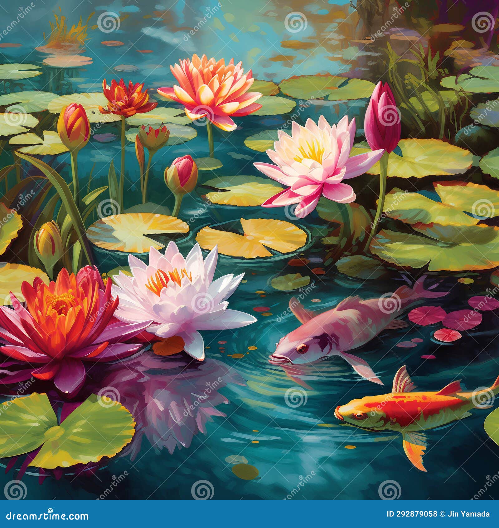 Water Lilies and Koi Fish in the Pond. Vector Illustration Stock ...