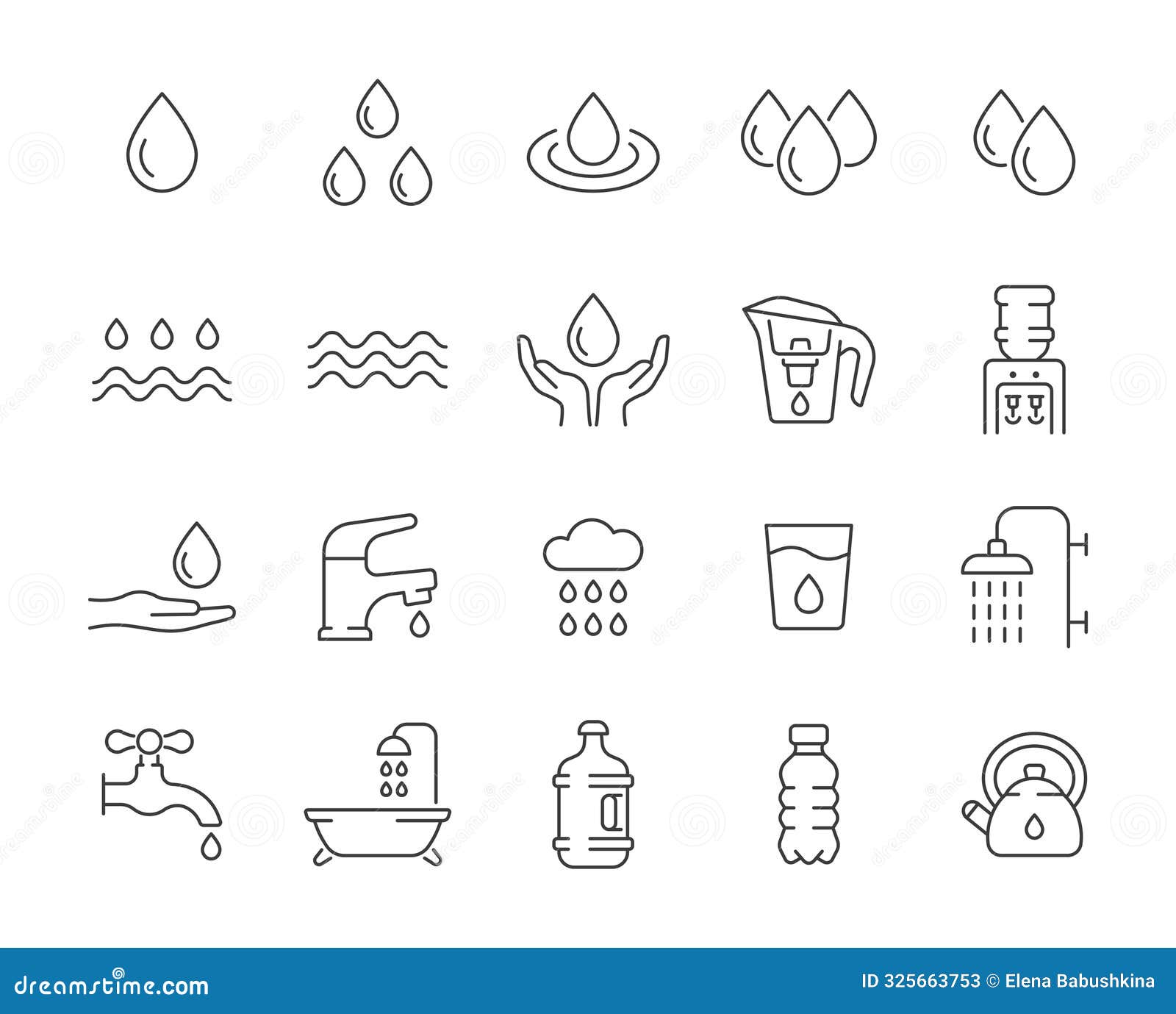 Water Line Icon Set. Vector Collection with Drop, Cup, Bottle, Cooler ...