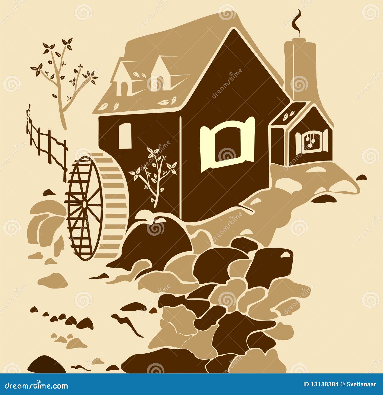 Water Mill House Cartoon Vector | CartoonDealer.com #185356745