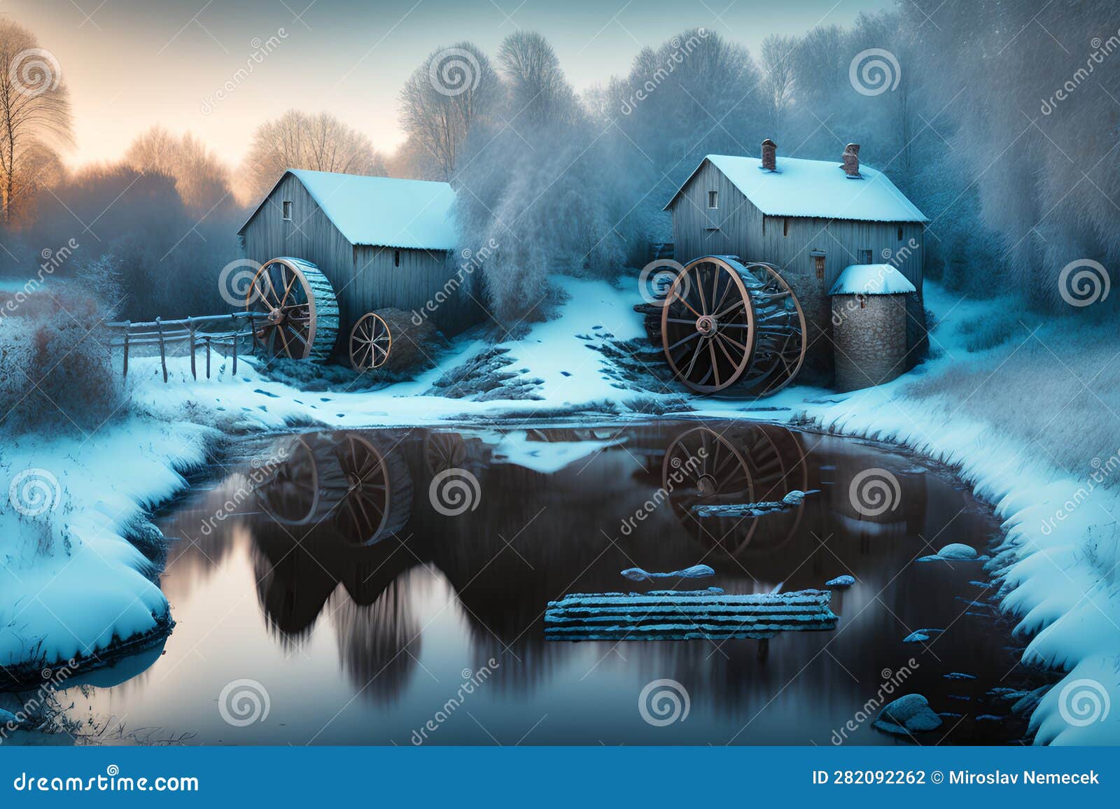 Water Mill in Winter, Generative AI Illustration Stock Illustration ...