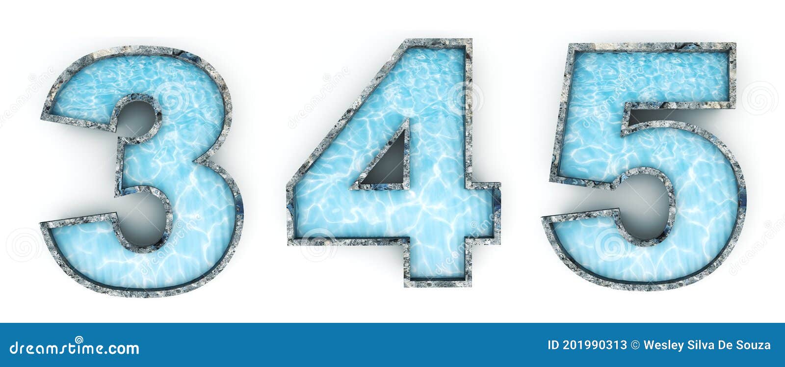Water Numbers 3, 4, 5 . Typeface 3d Render. Alphabet Pool. Path Save ...