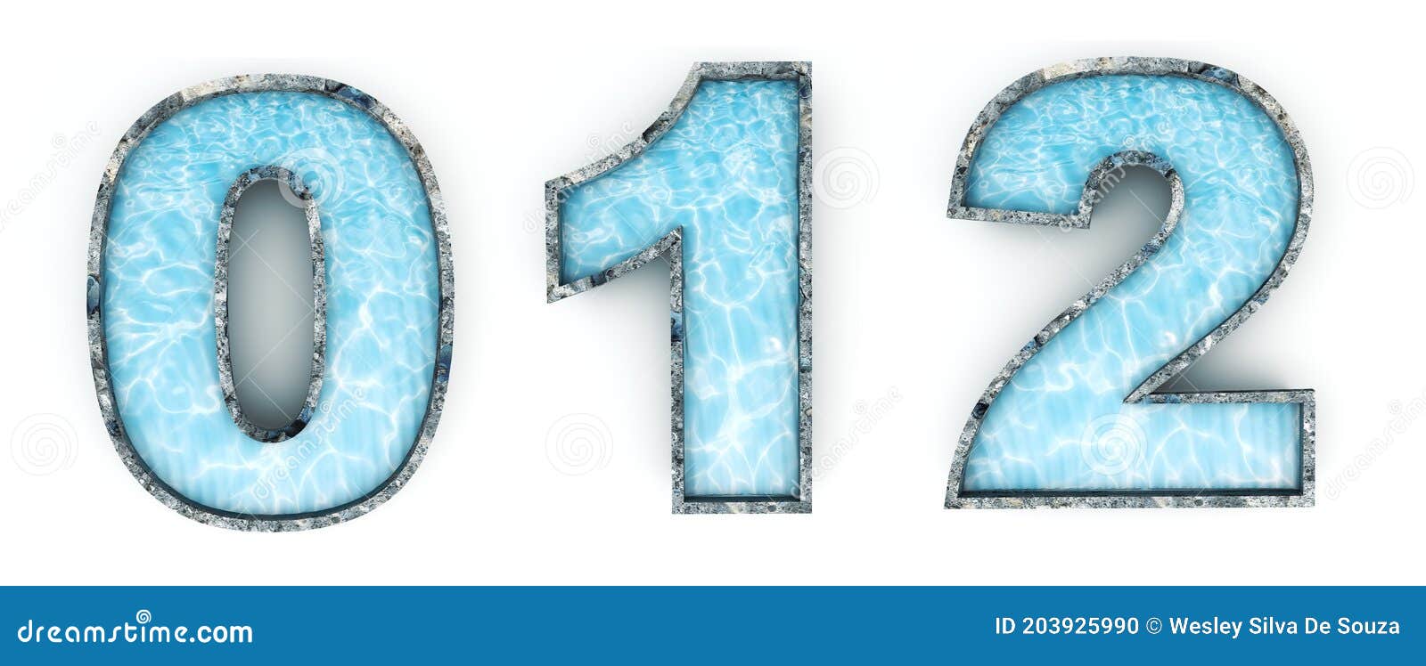 Water Numbers 0, 1, 2. Typeface 3d Render. Alphabet Pool. Path Save ...