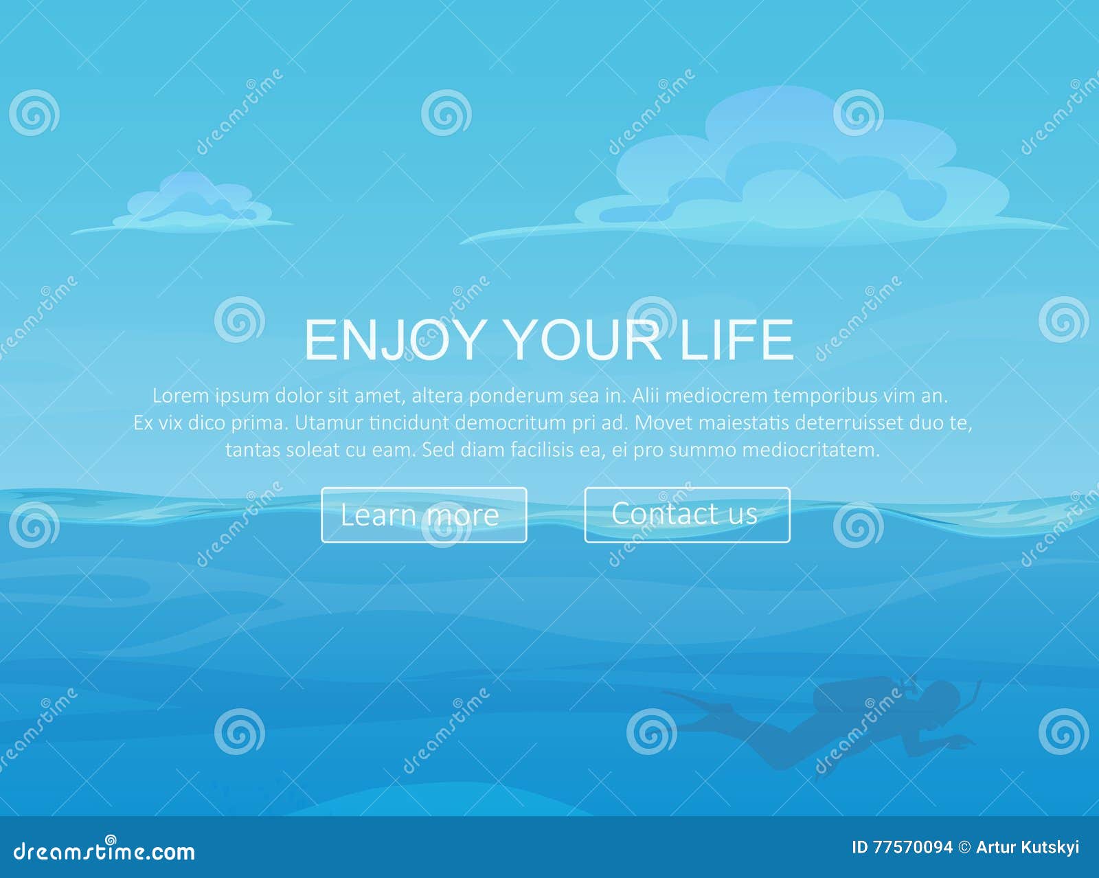 Water Ocean Sea Landscape with Sky and Clouds and Diver Silhouette ...