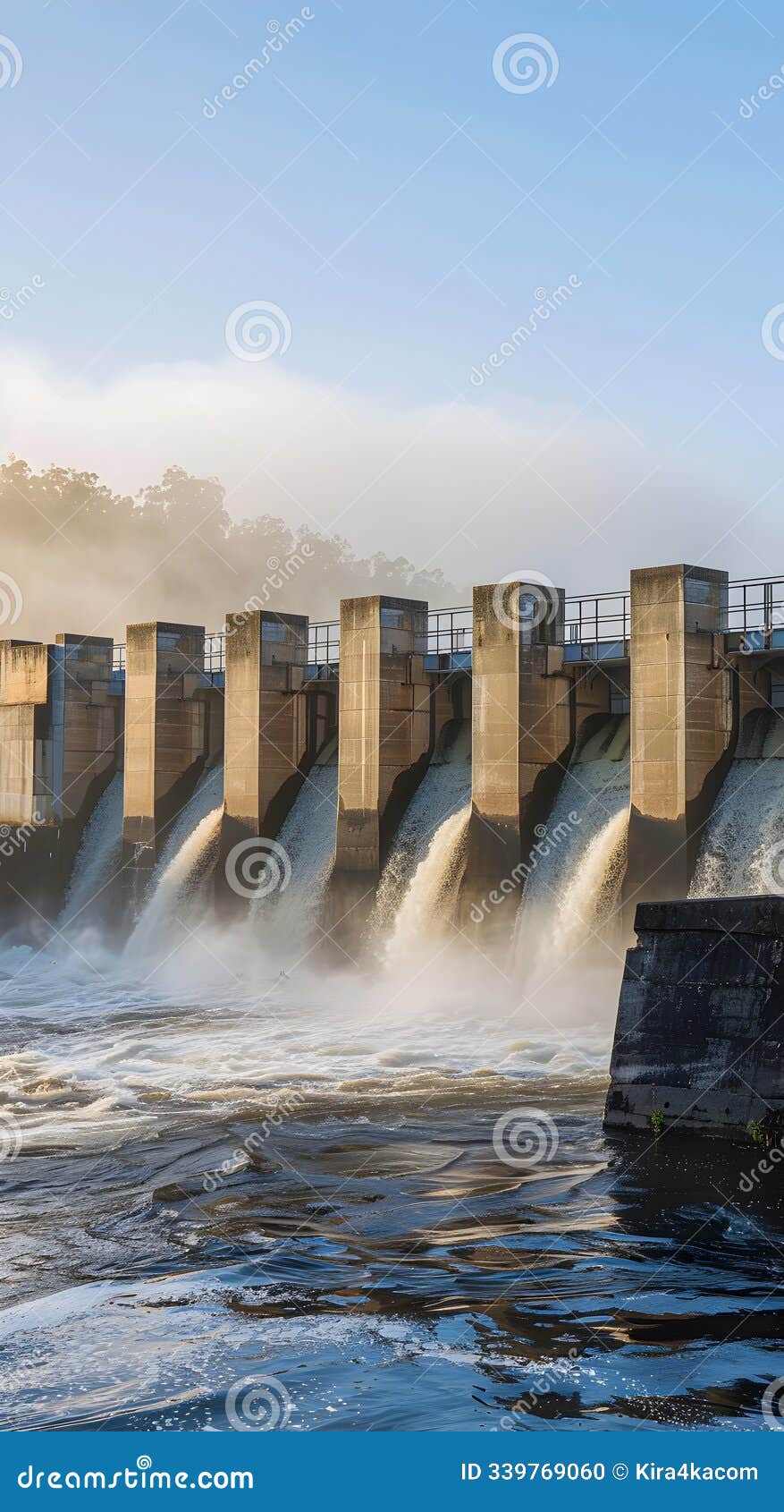 Water Overflows Over Concrete Dam, Early Morning Light, River ...