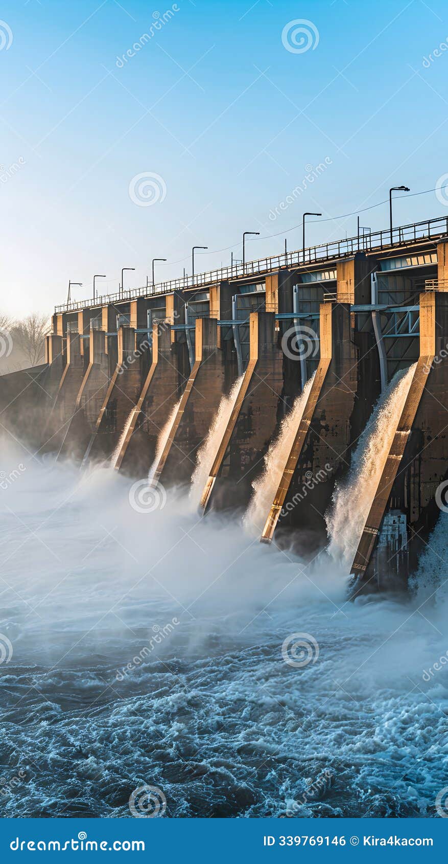Water Overflows Over Concrete Dam, Early Morning Light, River ...