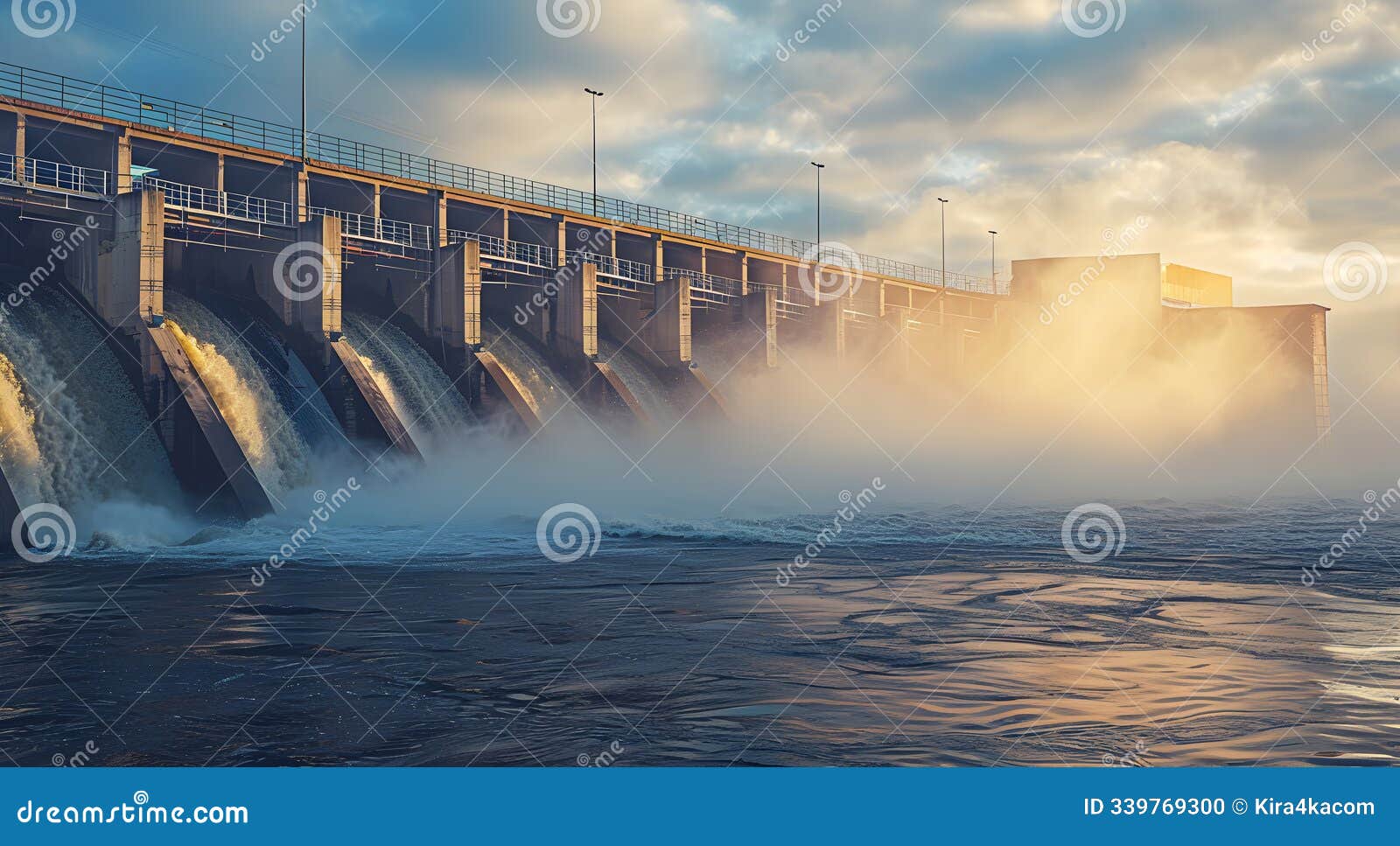 Water Overflows Over Concrete Dam, Early Morning Light, River ...