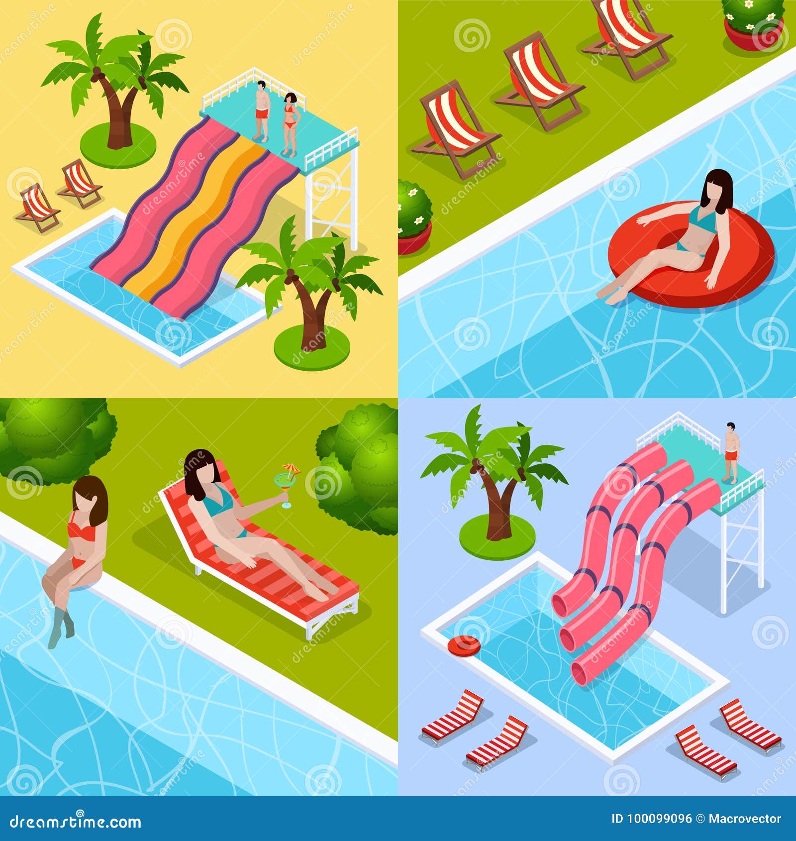 Water Park Aquapark Isometric Icon Set Stock Vector Illustration Of