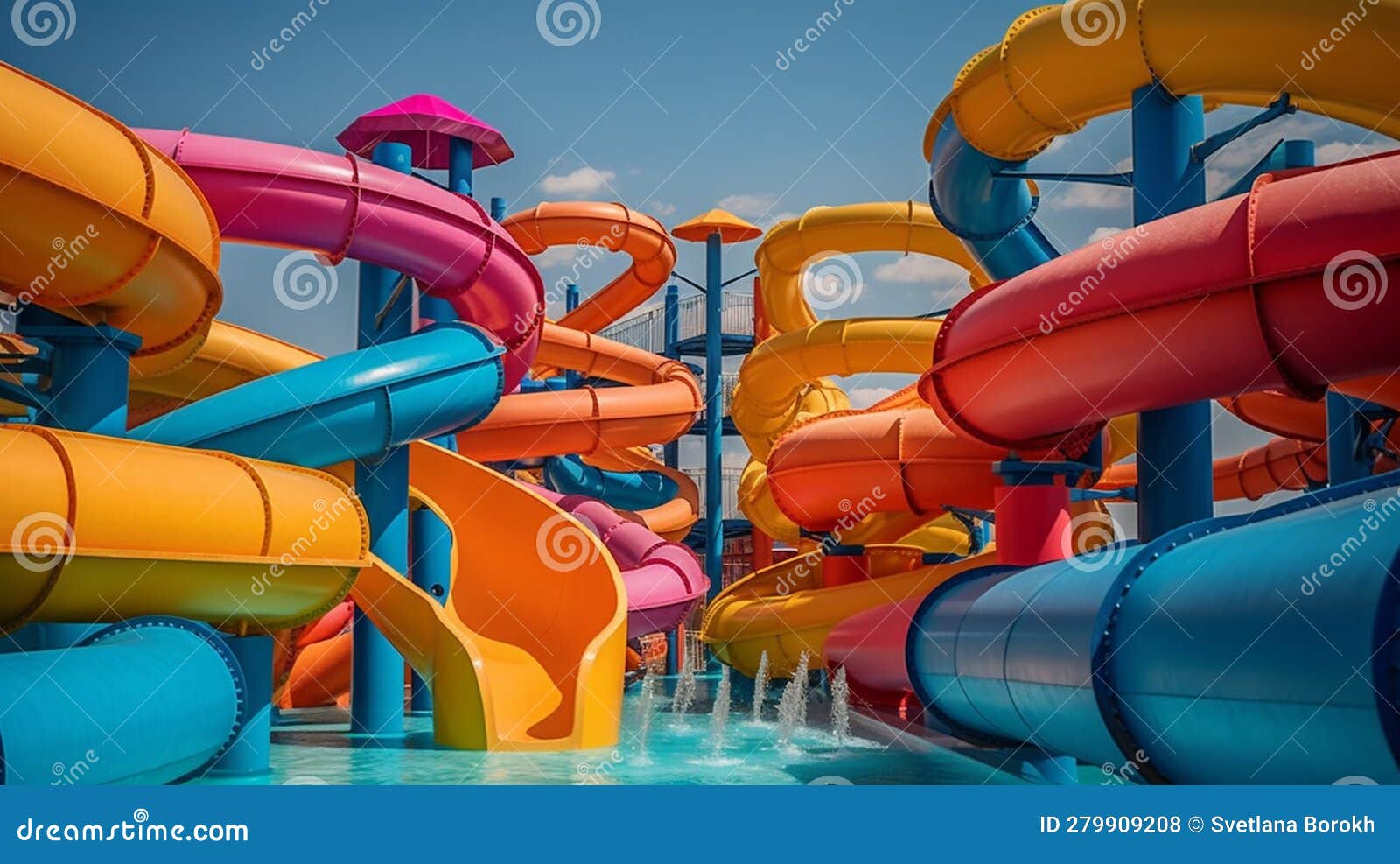 Water Park, Bright Multi-colored Slides with a Pool. a Water Park ...