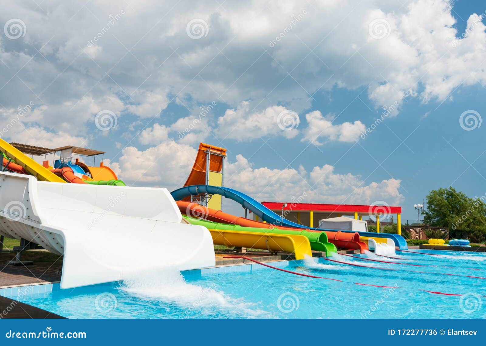Water Park with Colorful Slides and Pools Stock Photo - Image of ...