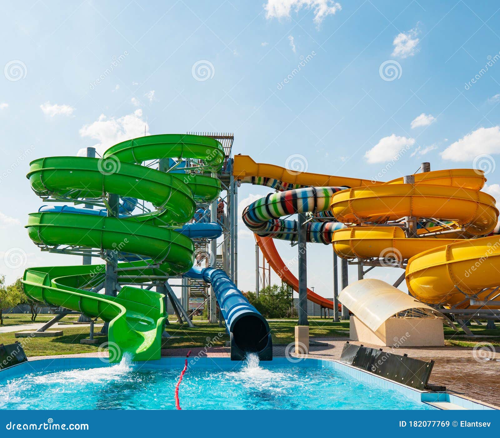 Water Park with Colorful Slides and Pools Stock Image - Image of ...