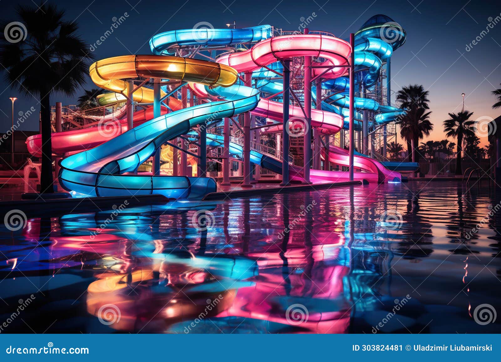 Water Park In The Evening In Neon Lighting In A Luxury Hotel With A