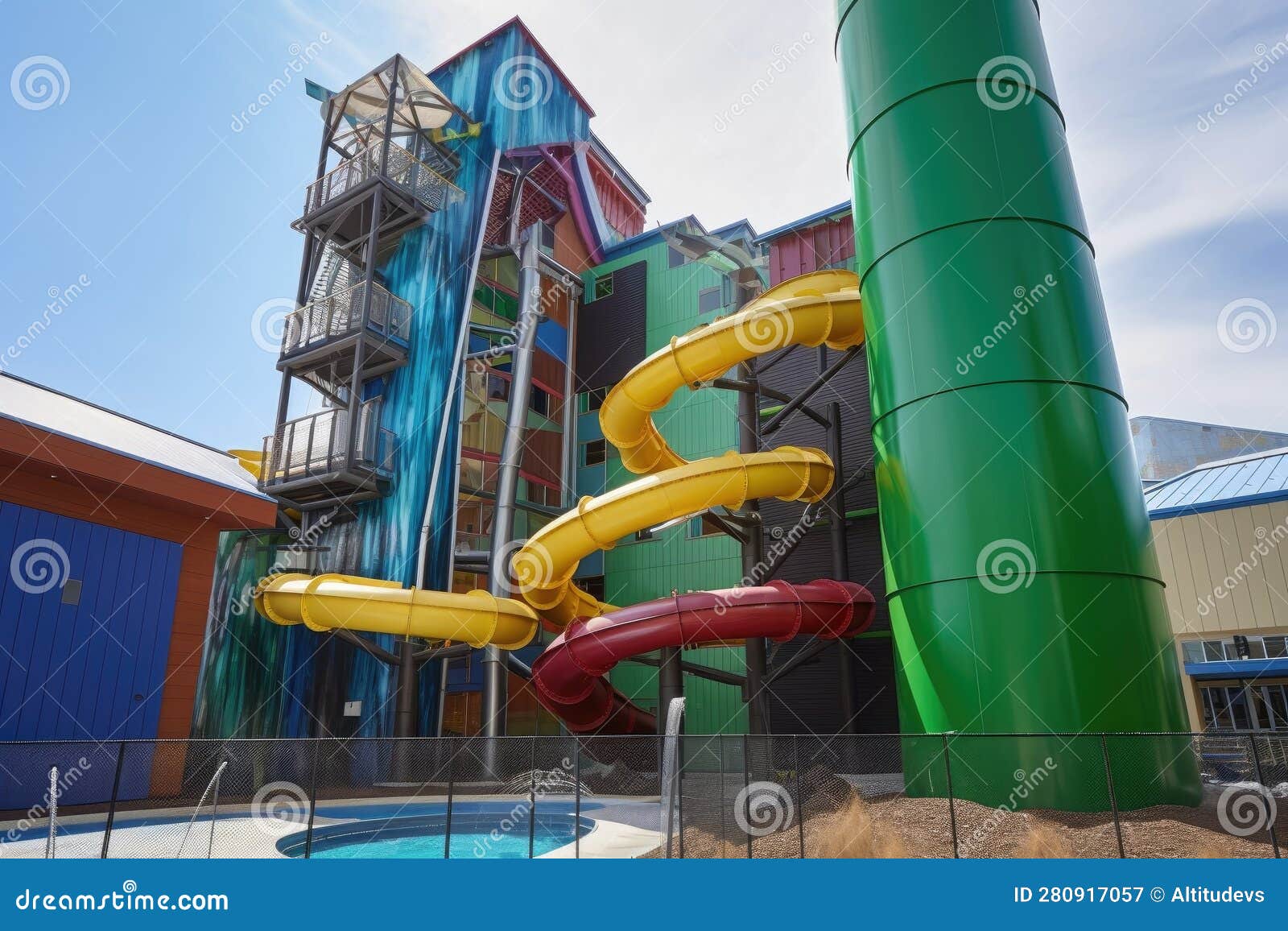 Water Park with Flume Water Slide, Twisting and Turning Its Way Down ...