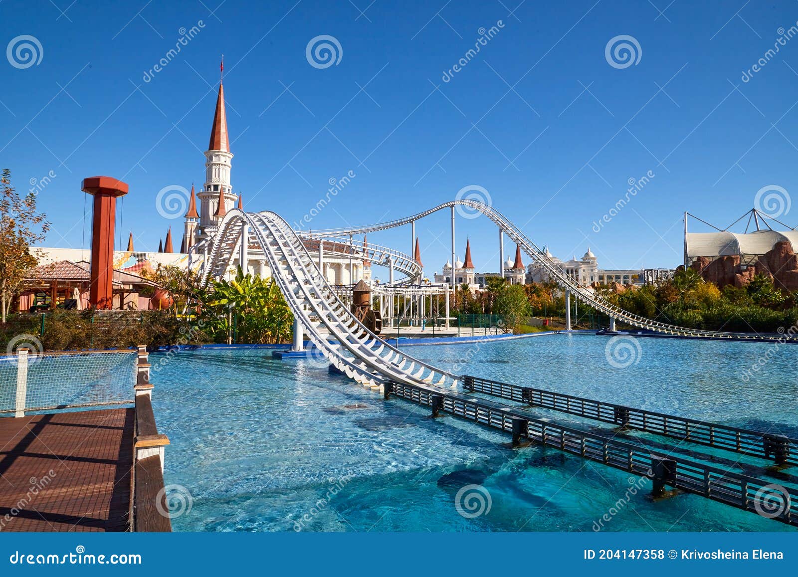 Water Park with Pool and High Roller Coaster Ride with Rails in Land of ...