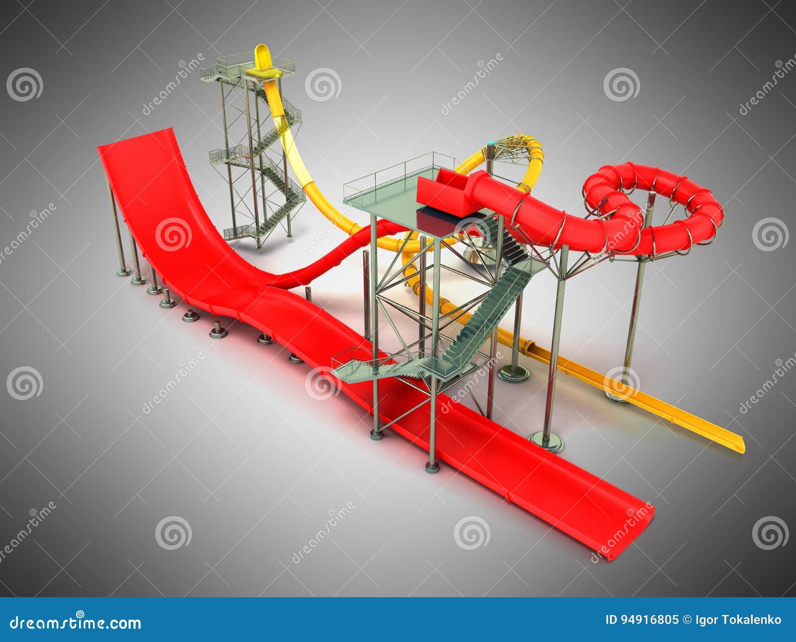 Water Park Rides Red Yellow 3d Rendering on Gray Background Stock ...
